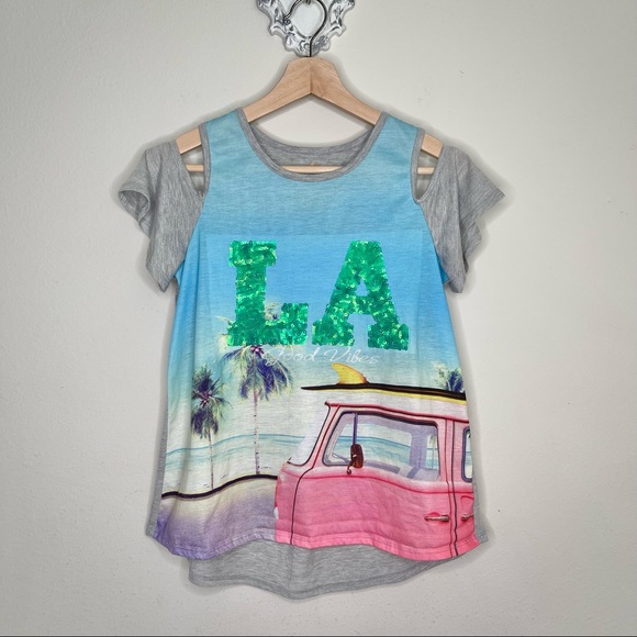 total girl | Shirts & Tops | Total Girl La Sequin Graphic Cold Shoulder ...
